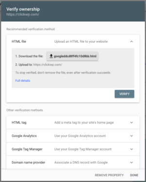 Verify domain ownership / Claim your website » ClickWP