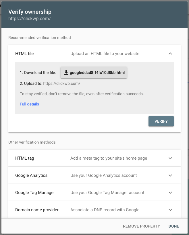 Verify domain ownership / Claim your website » ClickWP